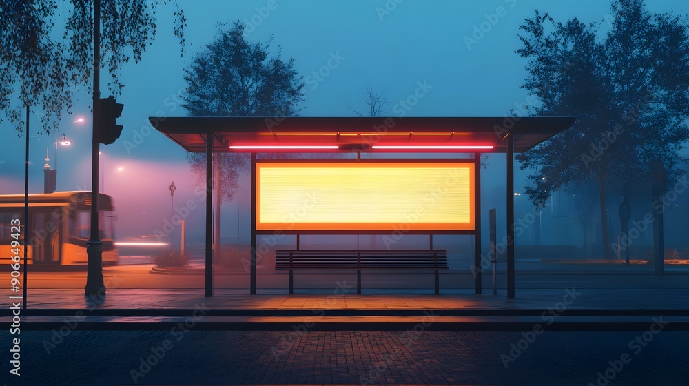 Bus stop at dawn, early morning light, empty billboard, glass shelter ...