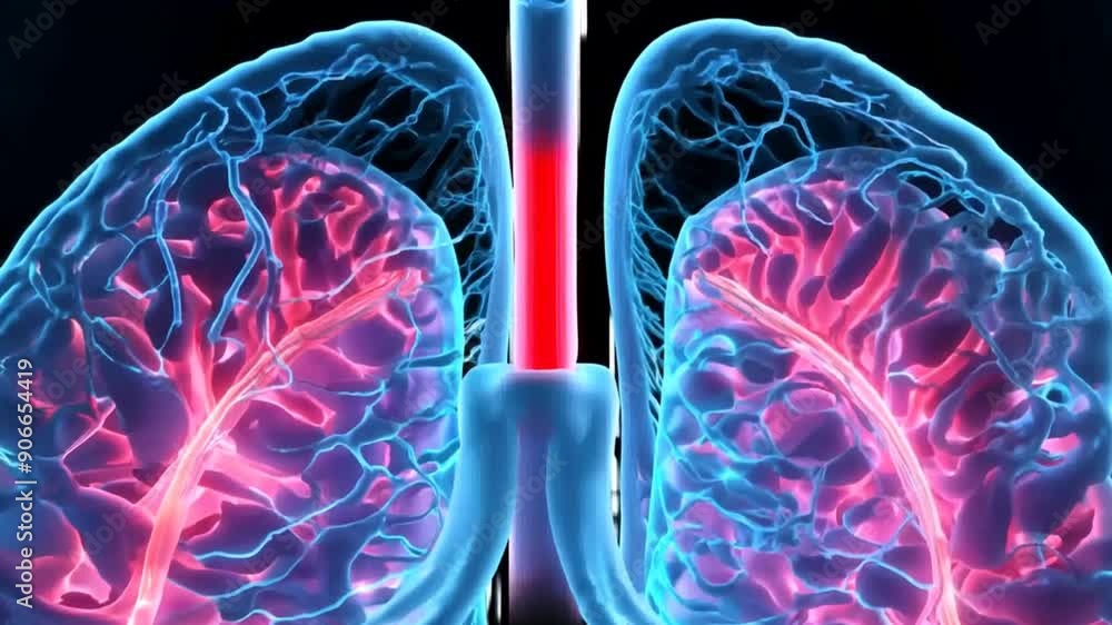 A close up of a human lung with red and blue colors. The lung is shown ...