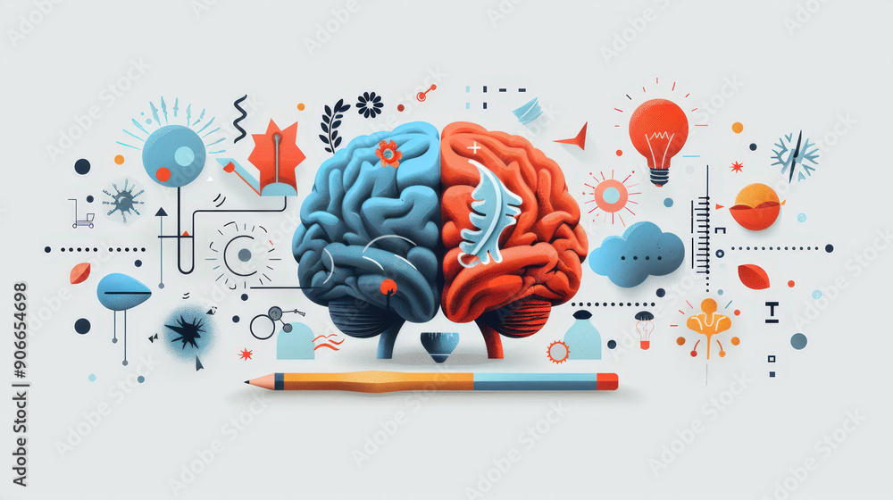 Left and right brain illustration with creative and logical elements ...