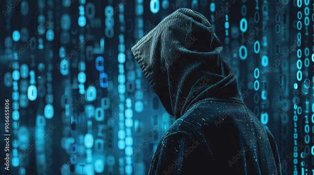 Amidst a backdrop of glowing computer screens, a cyber-attacker studies ...