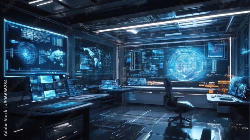 A futuristic workspace featuring multiple holographic displays and ...