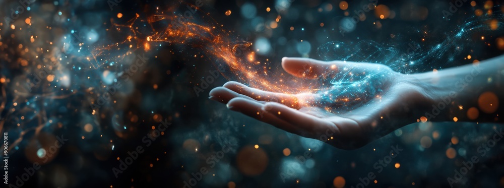 Woman palm with emerging cosmic rays of light and energy. Concept of ...