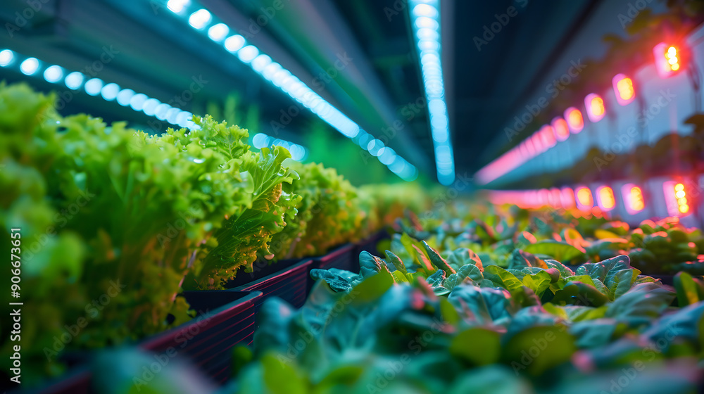 Futuristic indoor vertical farm featuring rows of hydroponic crops ...