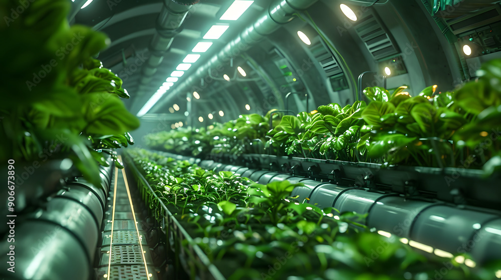 Futuristic indoor vertical farm featuring rows of hydroponic crops ...