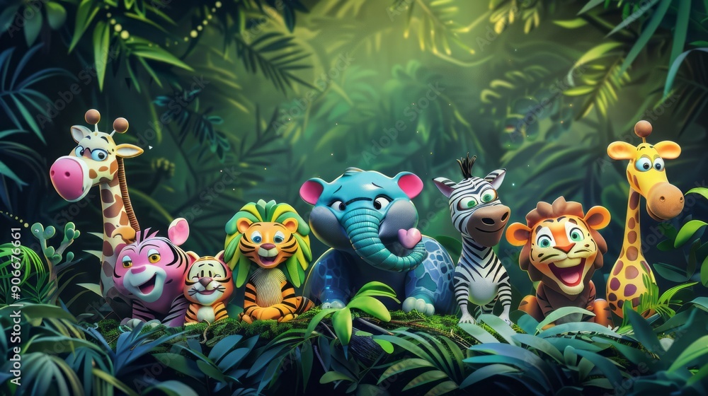 Colorful animated cartoon animals in a vibrant jungle setting with lush ...