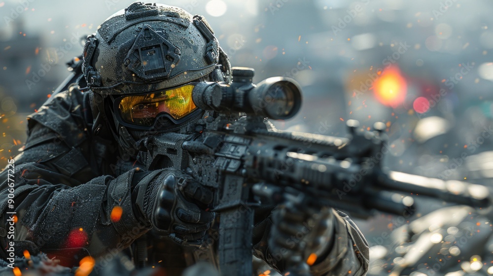 Infantry soldier shooting during military combat training. war, army ...