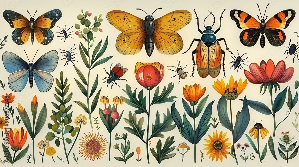 Bug view of insects interacting with various plants, emphasizing the ...