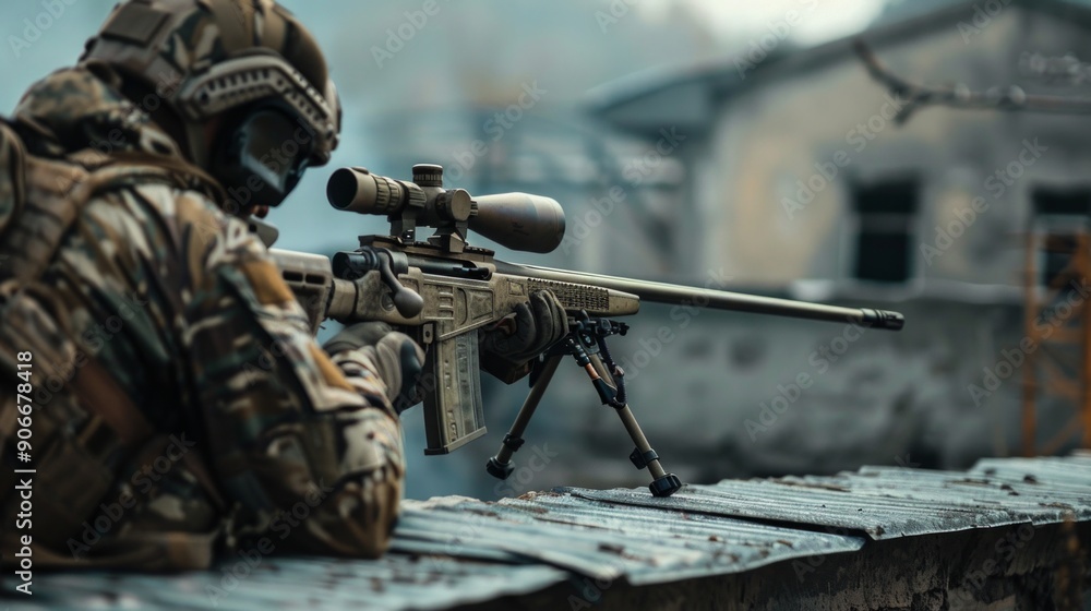 Infantry soldier shooting during military combat training. war, army ...