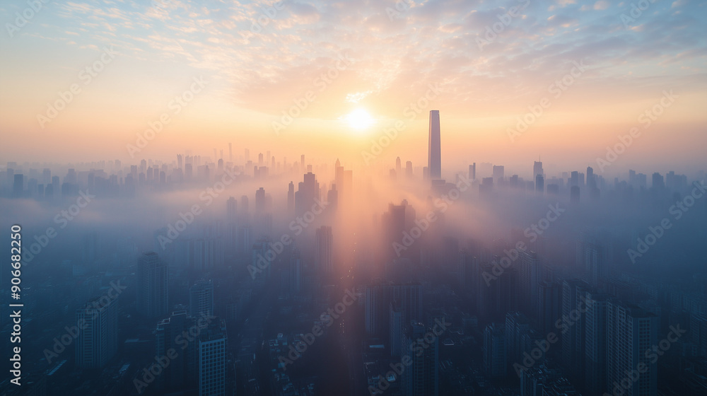 A city skyline partially hidden by smog and haze, shown in a panoramic ...