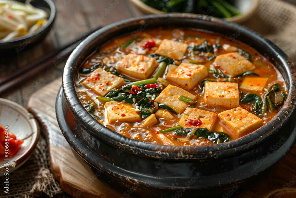 Doenjang Jjigae is a typical Korean dish with tofu and vegetables ...