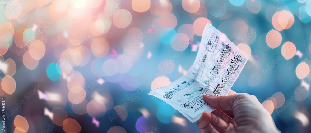 Promoter holding concert tickets, overlay of musical notes and abstract ...