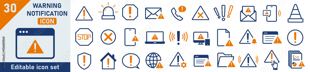 Warning icon set. Set of 30 outline icons related to warning, alarm ...