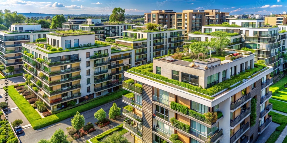 Aerial View of Modern Apartment Complex with Green Roofs and Balconies ...