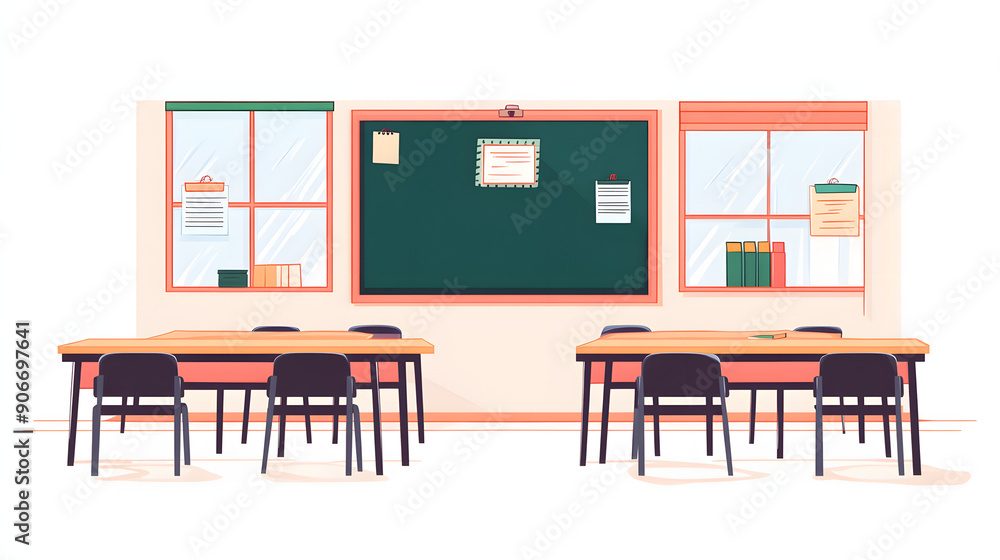 classroom, school. there are tables and desks, no one, an empty ...