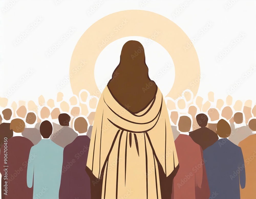 Minimalist drawing; Jesus Christ in a crowd from behind; biblical event ...