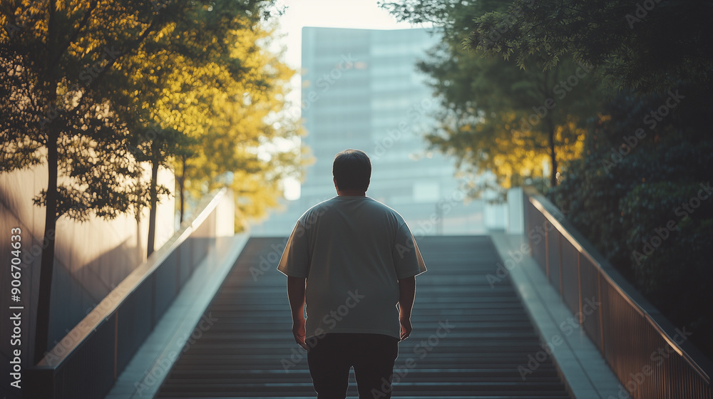 Overweight person struggling with walking and climbing stairs ...