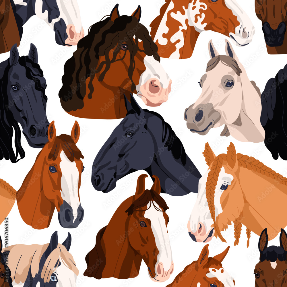 Seamless horse pattern. Equine breeds, stallion heads, repeating print ...