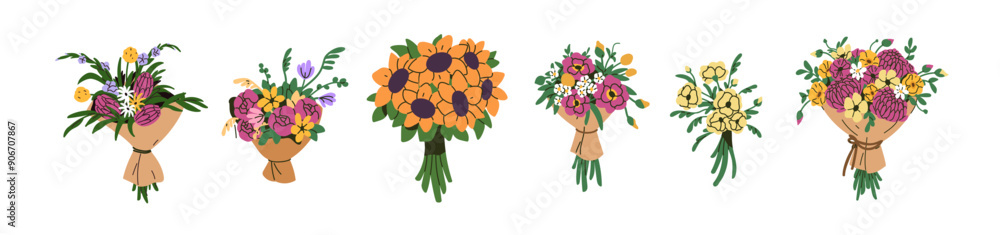 Flower bouquet arrangements set. Blossom bunches, bundles. Spring and ...
