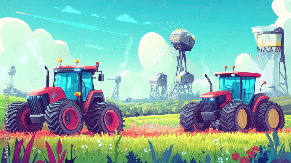 Bright and lively cartoon of agricultural robots and futuristic ...