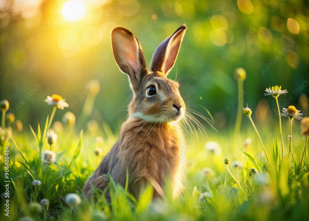Adorable fluffy hare sitting in lush green meadow, soft sunlight ...