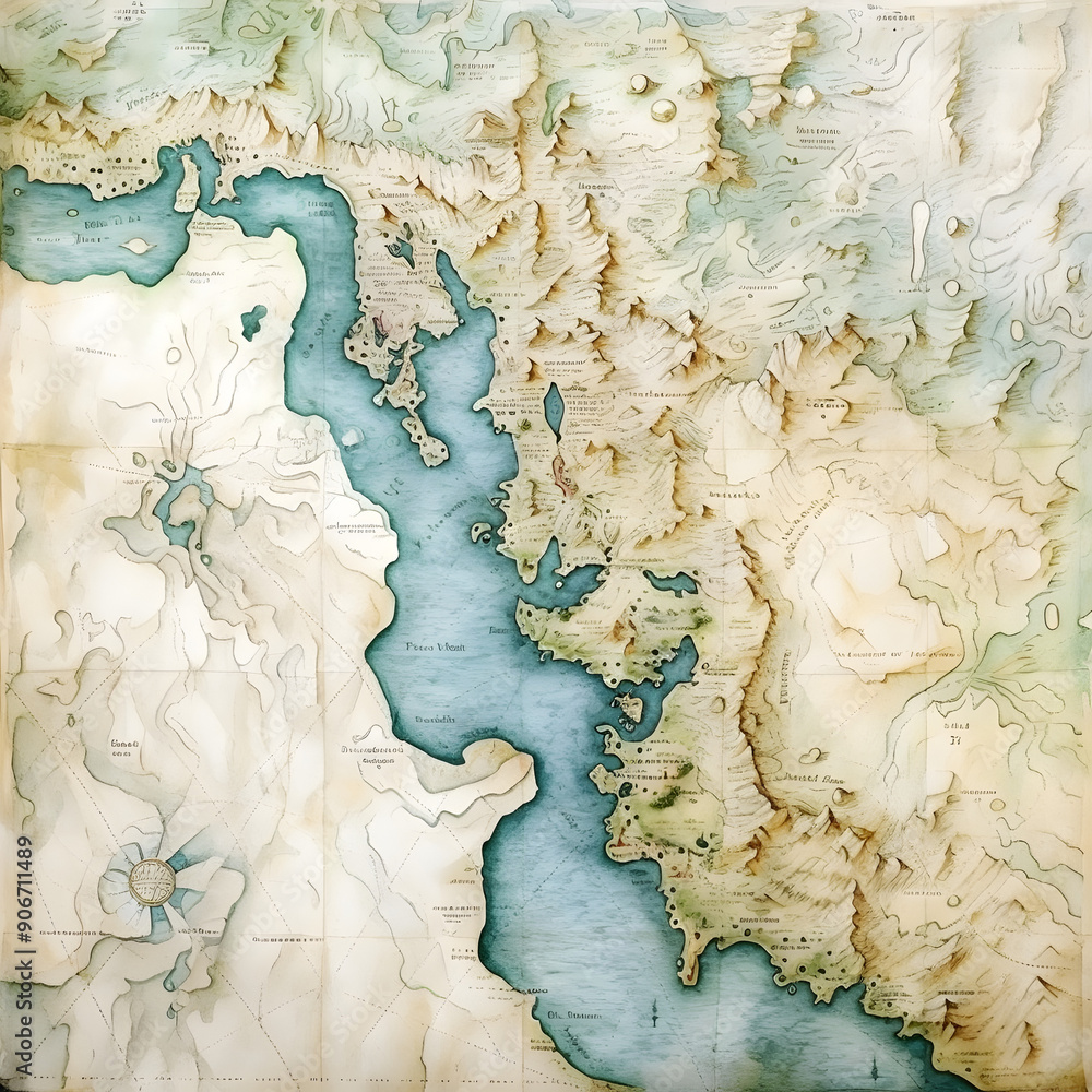 A vintage-style watercolor map showcasing coastal and inland ...