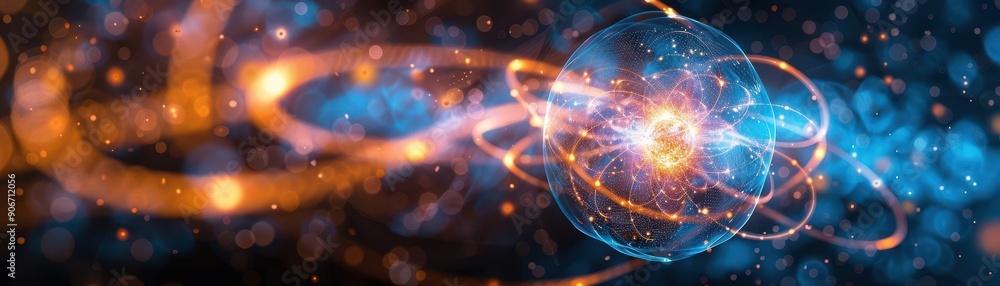 Electrons moving around nucleus, electron cloud, front view, electrical ...