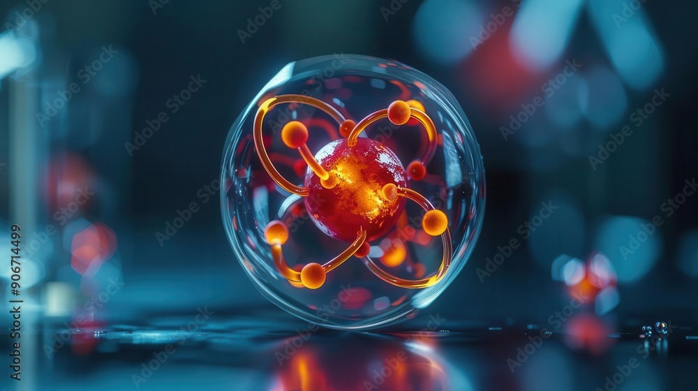 Nucleus with protons, atomic particles, side view, core stability and ...