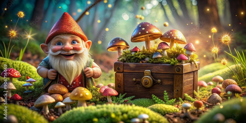 Whimsical enchanted garden scene featuring a smiling gnome surrounded ...