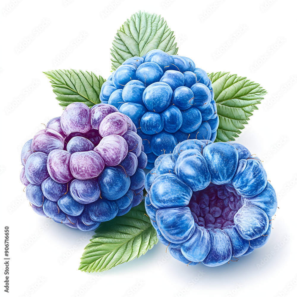 three juicy cool blue raspberries with leaf isolated on a isolated on ...