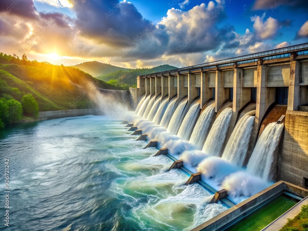 Vector illustration of a dam on the river. Water flows from the dam ...