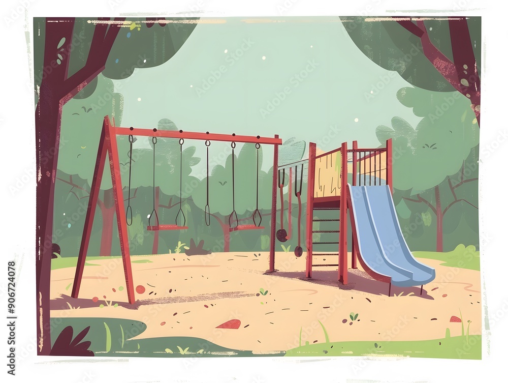 A cartoon illustration of an empty playground with swings, a slide and ...