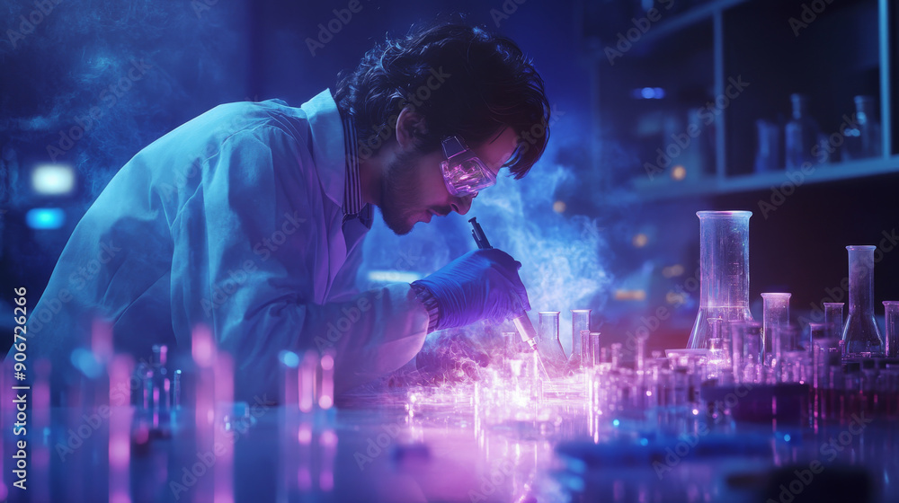 scientist conducting experiment in laboratory, neon lighting, chemical ...