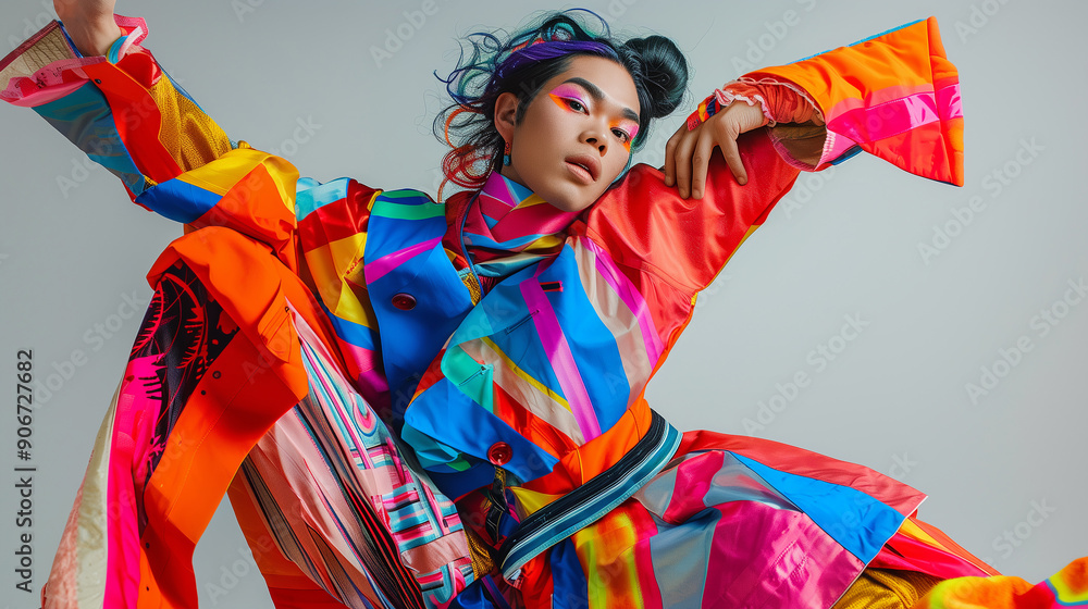 LGBTQ person in avant-garde fashion studio portrait, wearing vibrant ...