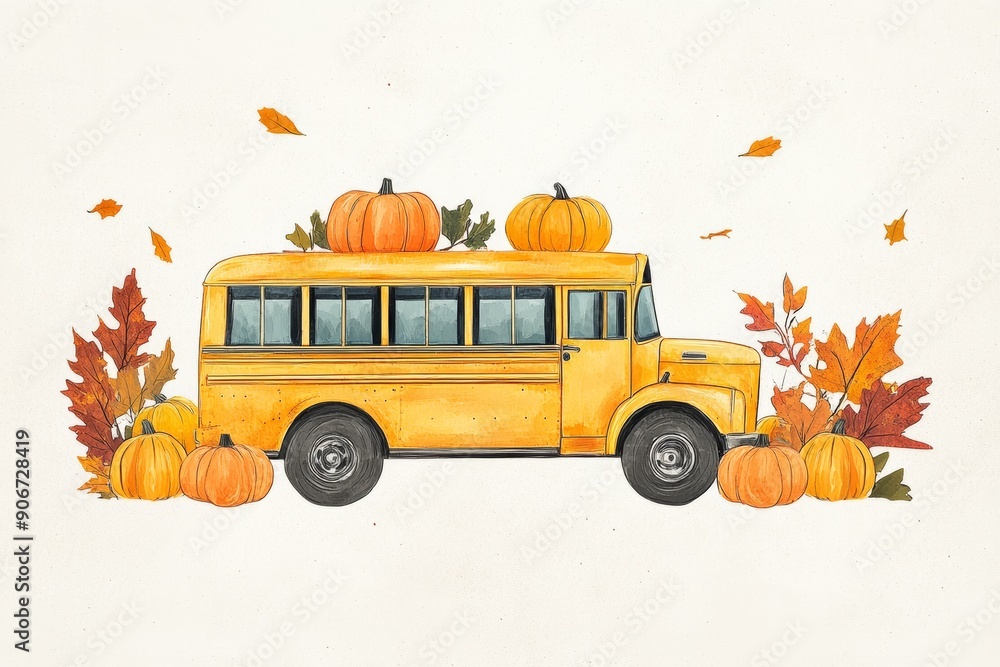 back too school. classic yellow school bus surrounded by pumpkins and ...