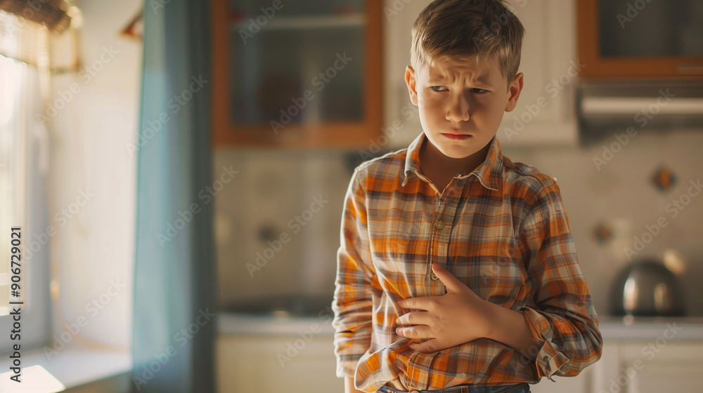 Concerned boy holding his stomach, indicating discomfort, with a pained ...