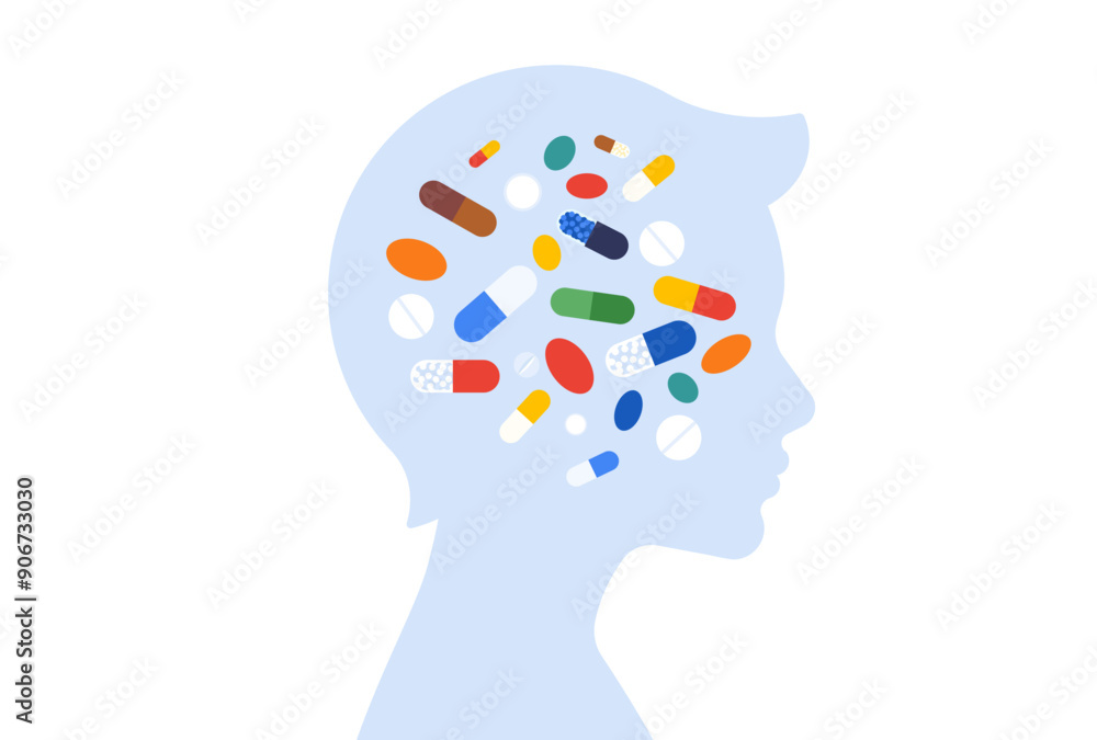 Child and medication. Little boy’s silhouette and are floating pills ...