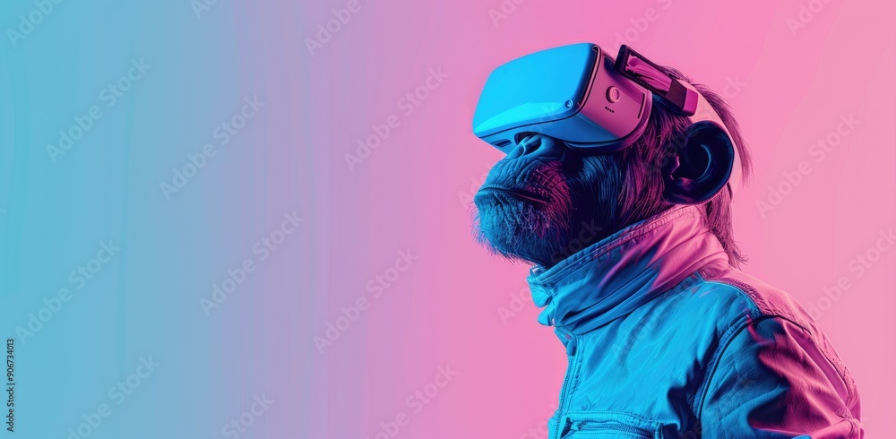 Virtual reality concept technology background of an ape with VR glasses ...