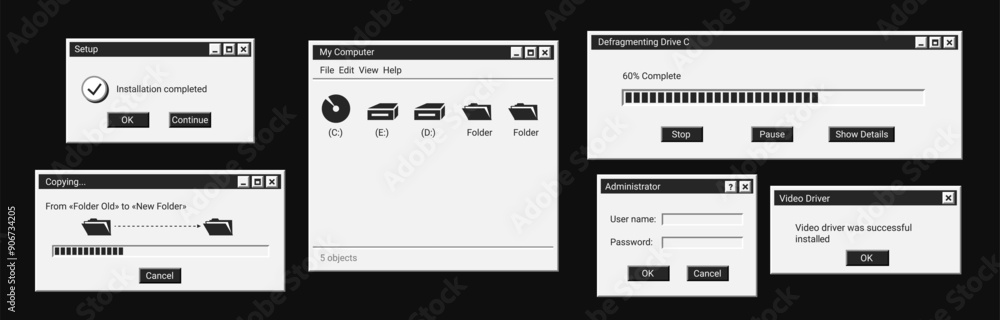 Set of digital message in black style. Old dark computer windows. Retro ...