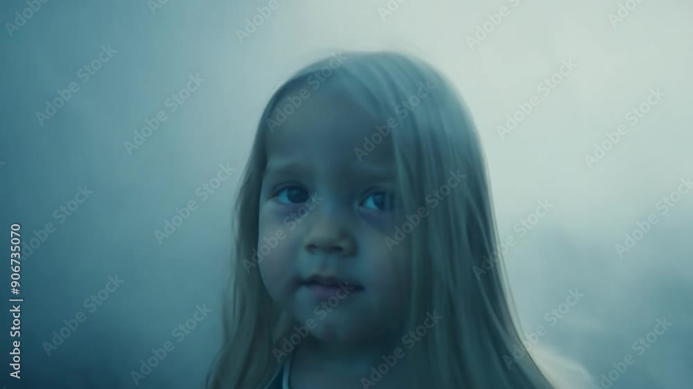Young girl with long blonde hair emerges from thick fog in a mysterious ...