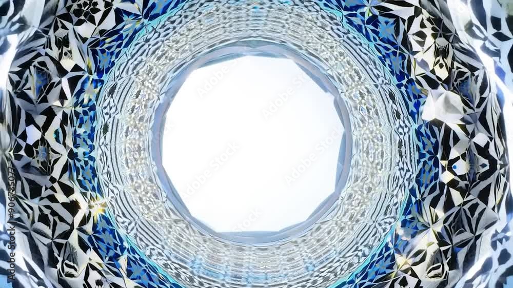 Explore a mesmerizing tunnel of rotating kaleidoscope patterns and reflections, showcasing ...