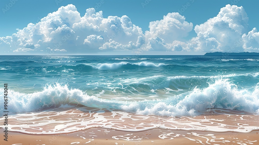 Dynamic scene of a beach with clear skies and gentle waves ...
