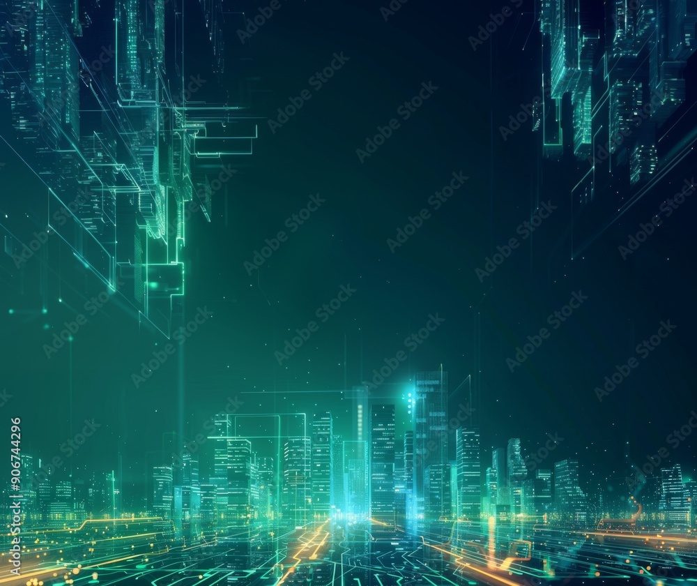Futuristic Cityscape: Translucent Line Graphics Blend with Vibrant ...
