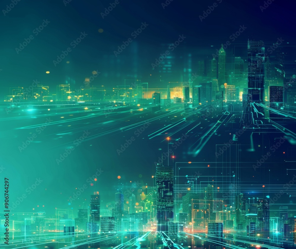 Futuristic Cityscape: Translucent Line Graphics Blend with Vibrant ...