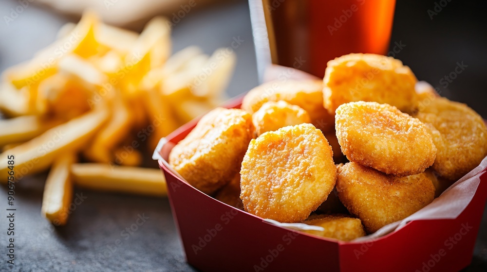 Chicken nuggets in a fast-food container, with fries and a soft drink ...