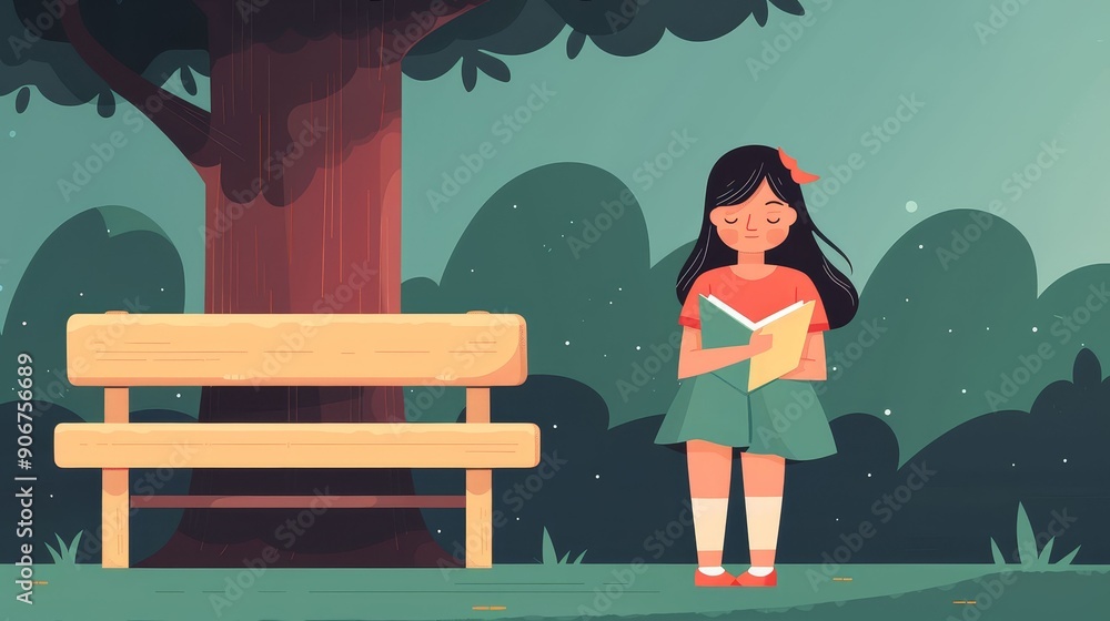 Young girl reading a book under a tree in a park, peaceful scene ...