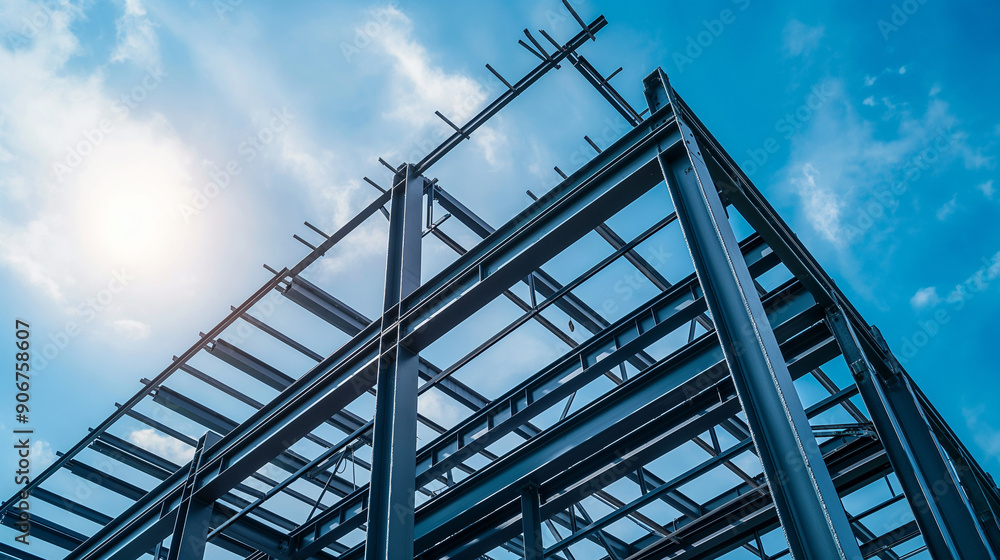 Steel framework of a building under construction with the sun shining ...