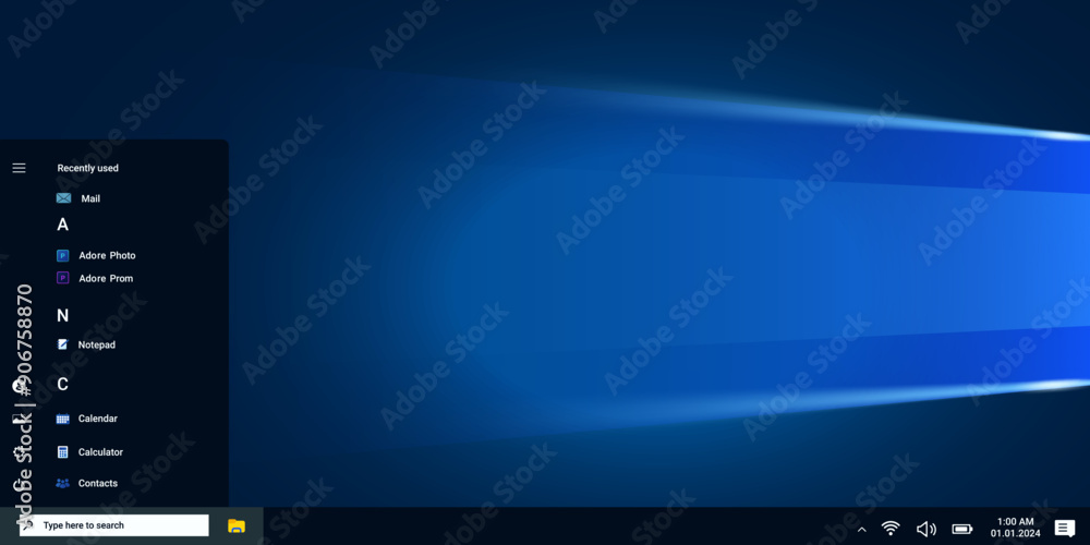 Operating system window in blue dark style with start menu and system ...