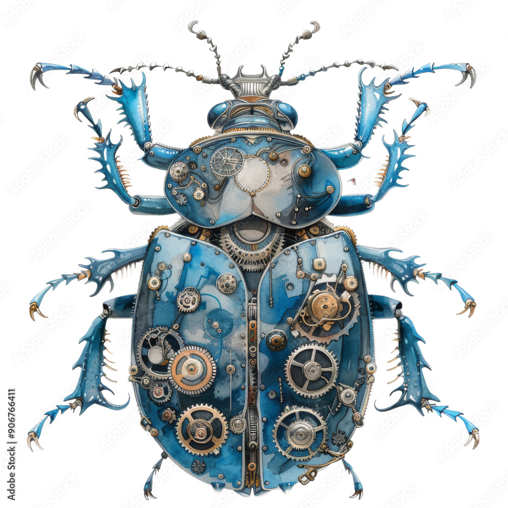 A blue bug with gears and a crown on its head. The bug is a mechanical ...