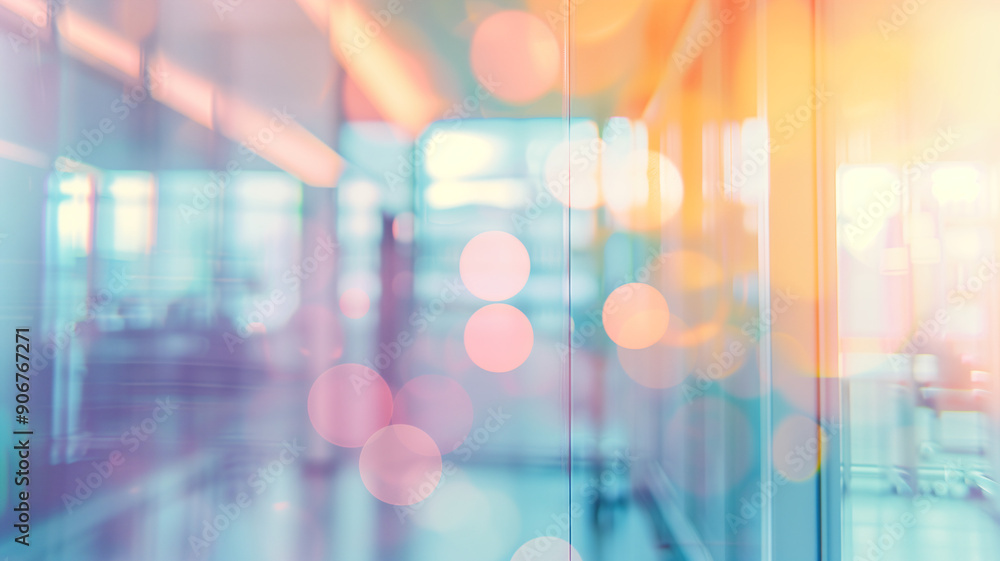 Blurry abstract office background with vibrant neon lights creating a ...