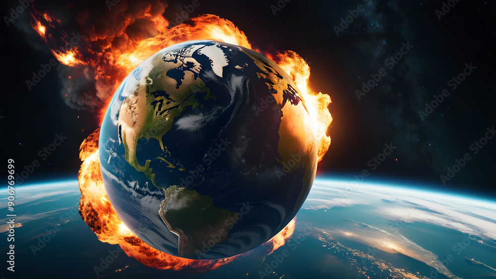 Planet earth in outer space engulfed in flames. Concept of natural ...